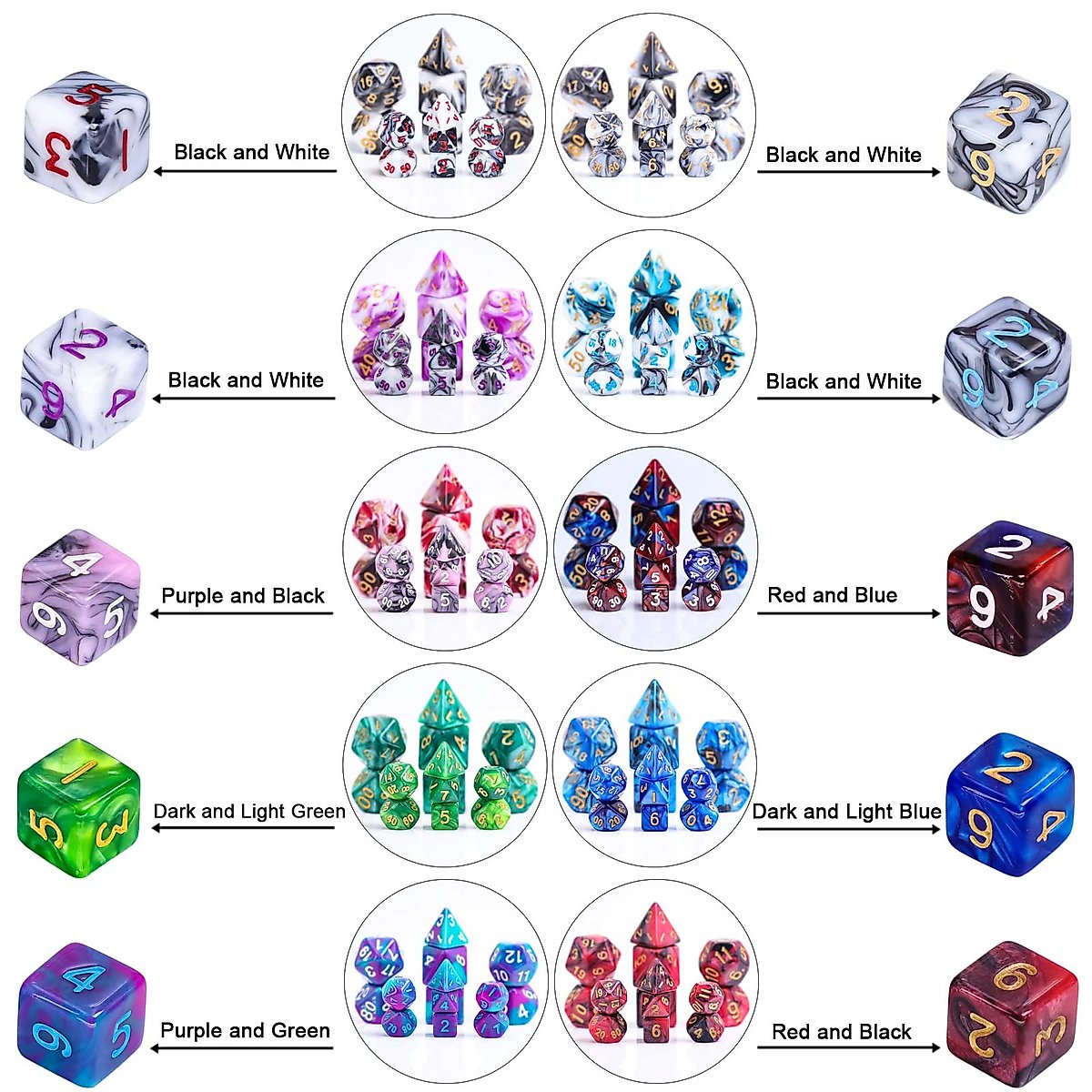 10mm Mini DND Dice Set,10 Sets Polyhedral RPG Dice (70pcs) for MTG,RPG,D&D Dungeons and Dragons Role Playing Game.(Two-Colour Swirl)