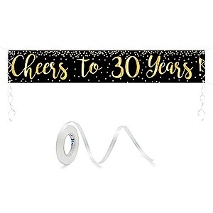 Cheers to 30 Years Banner, 30th Birthday Party Decorations (Black, Gold, 9.8 x 1.6 Ft)