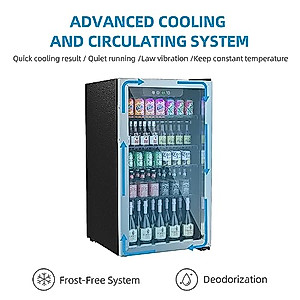 Erivess Compact Freestanding Beverage Refrigerator,126 Can Mini Fridge with Glass Front Door for Soda, Beer, or Wine, Under Counter Drink Dispenser with Adjustable Shelves and Digital Display