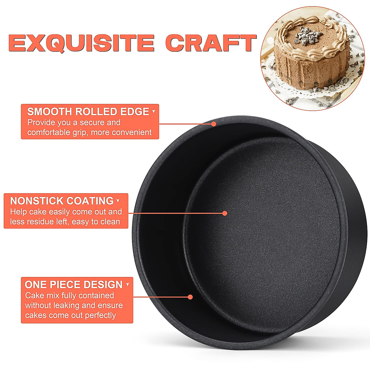 TeamFar Cake Pan, 6’’ x 2.75’’ Coated Birthday Wedding Cake Pan Round Baking Pans, with Stainless Steel Core & Non-stick Coating, Toxic Free, Oven Safe & Anti-melt, Deep Straight Side – Set of 2