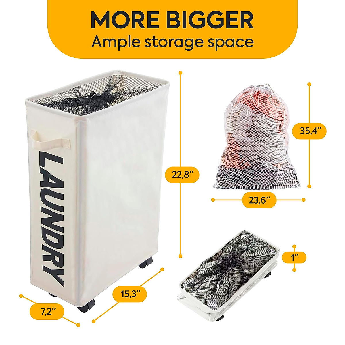 Amazing Life Laundry Basket with Wheels - 45L Laundry Hamper with Lid Slim Collapsible Laundry Baskets Dirty Clothes Hamper with Removable Wash Bag (Beige)