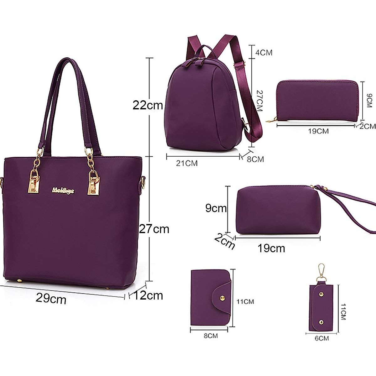 Dayfine 6-Pcs Handbags and Purses for Women Waterproof Nylon Tote Bags Shoulder Bag Backpack Wallet Zip Clutch Key Card Bag-Black