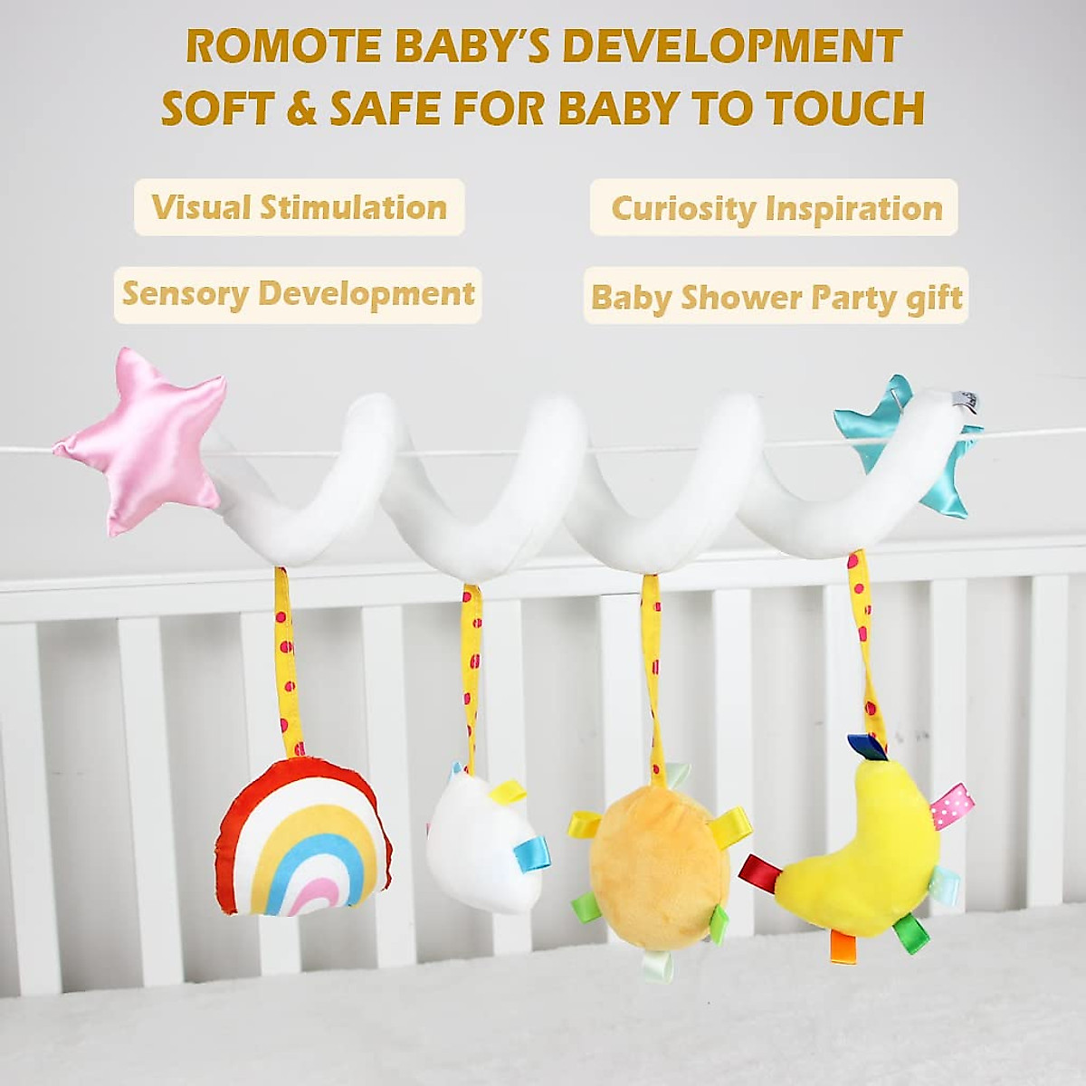 KAKIBLIN Hanging Toys for Car Seat Crib Mobile, Infant Baby Spiral Plush Toys for Crib Bed Stroller Car Seat Bar, White