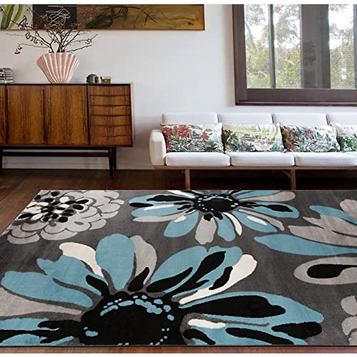 Rugshop Modern Flowers Area Rug 7' 10" x 10'2" Blue