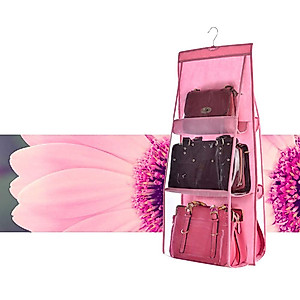 Luck Dawn Hanging Handbag Purse Organizer - Transparent Dust-Proof Wardrobe Closet Storage Bag for Clutch with 6 Larger Pockets (Pink)