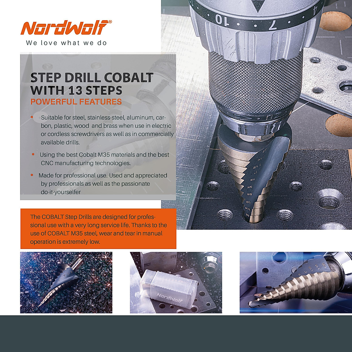 NordWolf M35 Cobalt SAE Step Drill Bit, Spiral Groove Double Flute Multiple Hole Unibit for Stainless Steel & Metal Sheet, 13 Imperial Step Sizes 3/16" to 1-3/8"