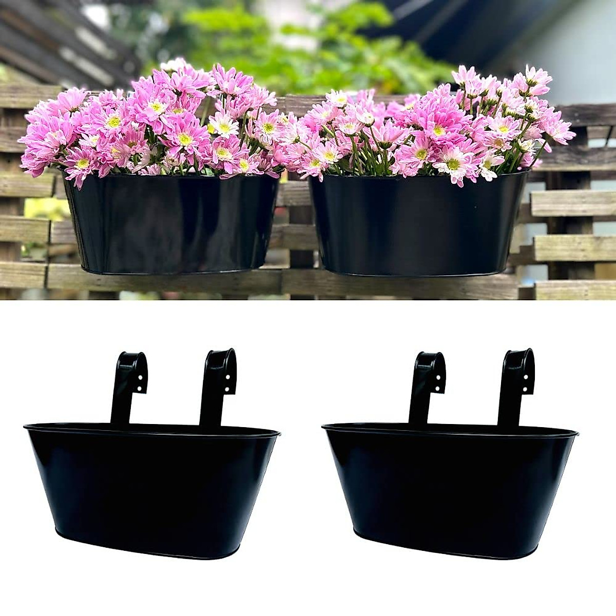 LaLaGreen Railings Outdoor - 2 Pack, 9.8 Inch Black Hanging Flower Pots, Fence Railings Bucket Countryside Modern Plant Holder with Detachable Hook Outdoor Wall Balcony Garden Patio Deck Porch Décor