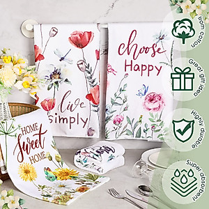 Cunhill 4 Pcs Spring Floral Kitchen Towels Decorative Dish Towels Absorbent Hand Towels Flower Terrycloth Tea Towels Reusable Towels Dishcloth Kitchen Gift for Summer Women Bathroom Home Housewarming