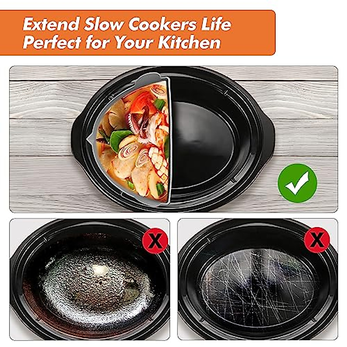 LARMAZEN Silicone Slow Cooker Liners for 6 QT Crock pot & Hamilton Pot, Allows Cooking 3 Foods At Once,Reusable Slow Cooker Divider Insert,Leakproof/Dishwasher Safe/BPA Free (Grey)