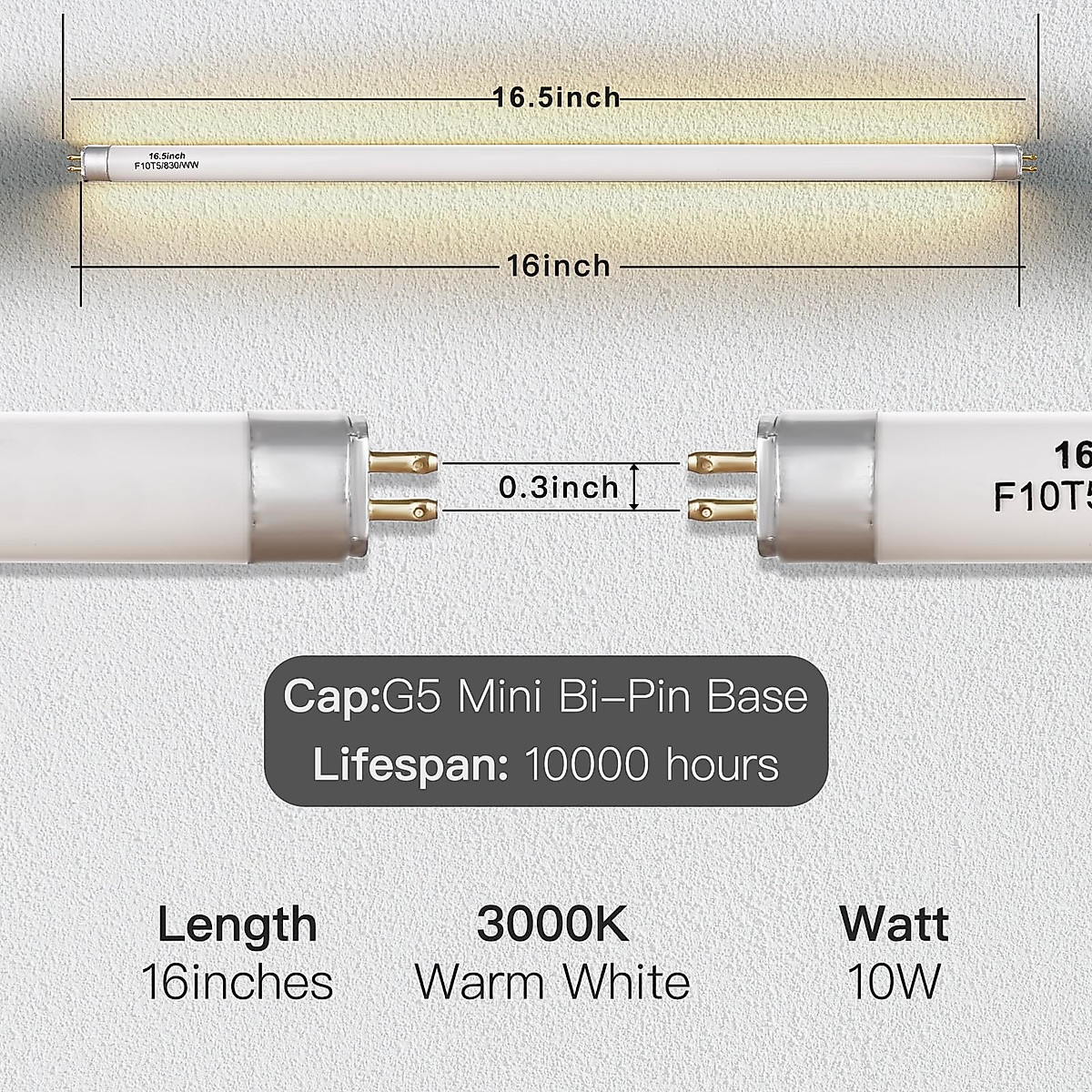 HoazHoald 16” F10T5/830/L Fluorescent Bulb T5 10W 3000K Warm White Light Bulb Diameter 5/8” Replacement for Jasco Philips Under Cabinet Counter Light Fixtures (4 Pack)
