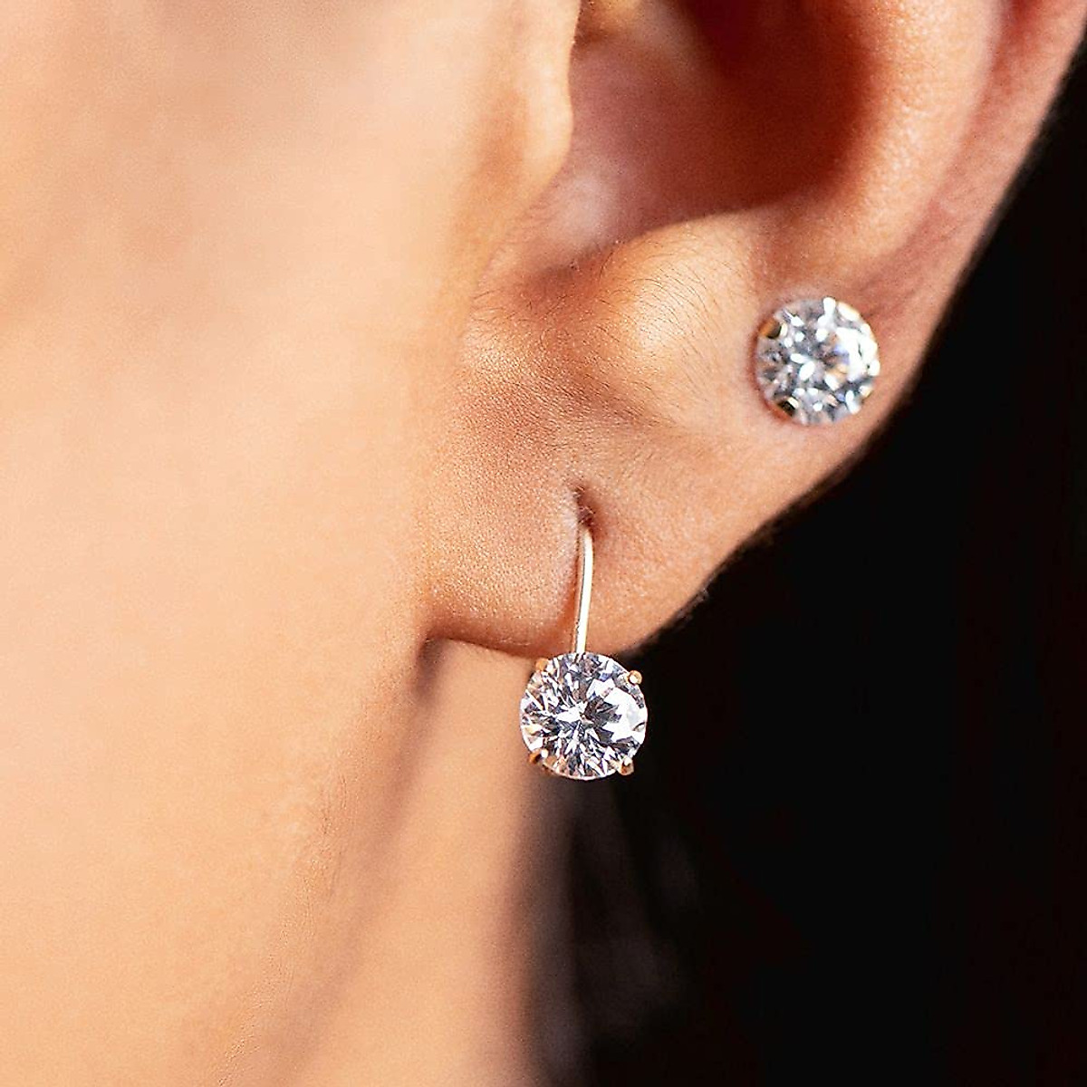 Jewelili 10k Yellow Gold 6mm White Round Cubic Zirconia Leverback Earrings