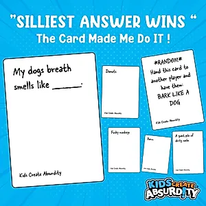 Kids Create Absurdity Funny Card-Game for Kids Family Game Night-Laugh Until You Cry- Stocking-Stuffer-for-Kids A Fun Fill in The Blank Card Game for Ages 6-12 Years Old.