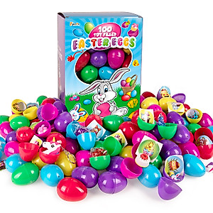 100-Pcs Easter Eggs with Toys Inside I Prefilled Easter Eggs Includes Slap Bracelets, Sticky Hands, Light Up Rings & More I Plastic Easter Egg Fillers for Your Easter Egg Hunt Bulk Easter Party Favors