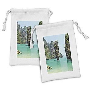 Ambesonne Island Fabric Pouch Set of 2, James Bond Stone Island Landscape in Tropical Beach Cruising Journey of Life Photo, Small Drawstring Bag for Toiletries Masks and Favors, 9" x 6", Green Brown