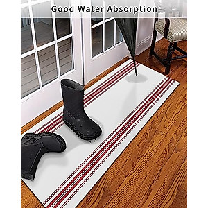 Floor Mat Kitchen Rug Red Stripe White Back Farmhouse Style Washable Doormat Non Slip Bathroom Rugs,Classic Simple Lines Absorbent Carpet for Bedroom Laundry Living Room Sink 20x47in