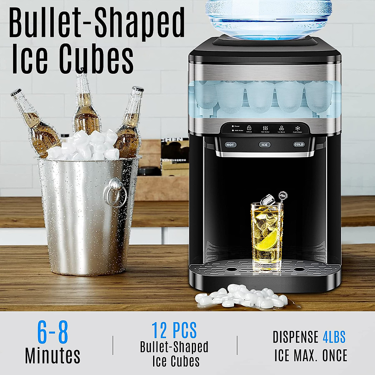 Water Cooler Dispenser Built-in Ice Maker Countertop,3-in-1 Portable Ice Machine 44lbs Daily,Top Loading 5 Gallon Water Dispenser w. Child Safety Lock & Tri-Temp Water Option-Hot,Cold & Ice Block