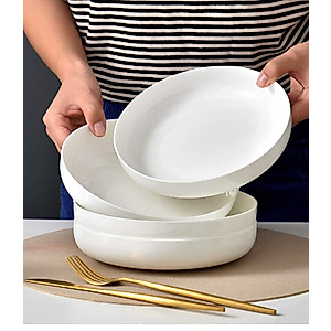 Hesen 8.5 inch Pasta Bowls set of 4, 40 Ounces Shallow Salad Bowl Set, Off White Ceramic Pasta Serving Bowl Plates