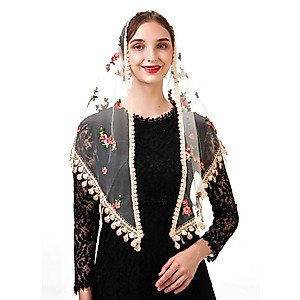 PAMOR Triangle Little Flower Chapel Veils Embroidered Scarf Shawl Latin Mass Head Covering Mantilla Veil for Church (Champagne Rose)