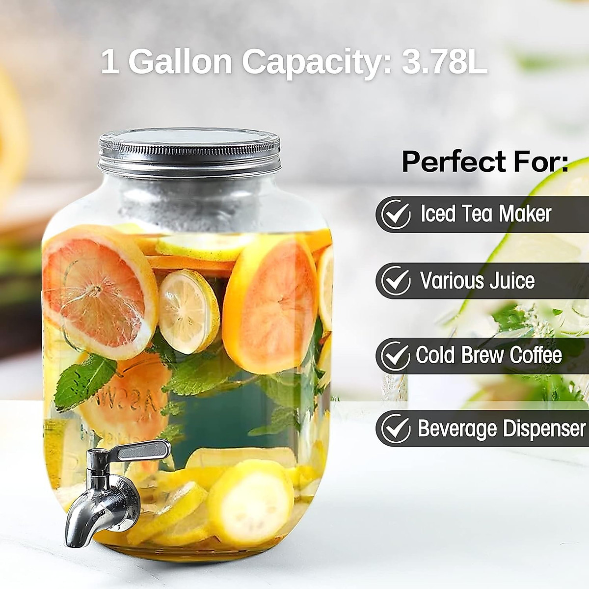 Homtone 1 Gallon Cold Brew Coffee Maker Dispenser, Cold Brew Coffee Kit with Stainless Steel Spigot, Iced Coffee Beverage Dispenser, Reusable Cold Brew Mason Jar for Home Fridge