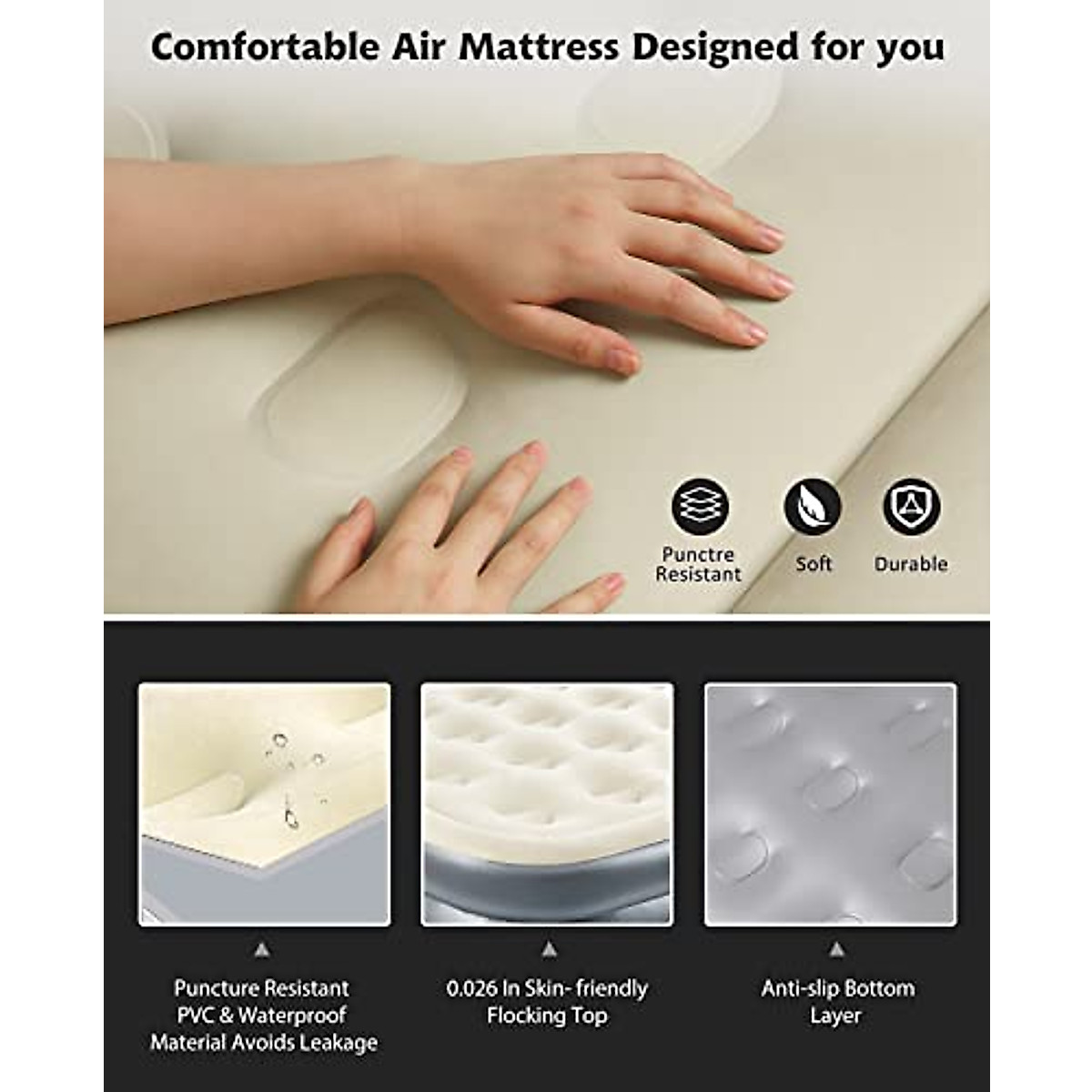 HOTOZON Queen Air Mattress with Built-in Pump, 18" Foldable Air Bed with Carry Bag, Luxury Elevated Inflatable Air Mattresses, Blow Up Airbed for Home, Camping & Guests, Grey