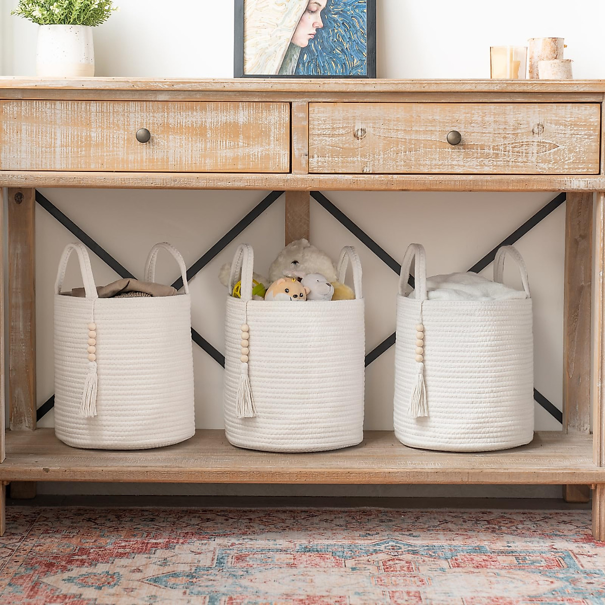 Mkono Woven Storage Basket with Handles Decorative Cotton Rope Basket Wooden Bead Decoration for Blankets,Toys,Clothes,Living Room Home Decor, 11", White