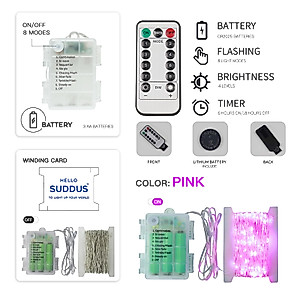 suddus Pink Fairy Lights Battery Operated Outdoor Waterproof, 66ft 200 Led String Lights with Remote, Twinkle Lights for Valentines Day, Bedroom, Dorm, Tapestry, Christmas, Party Decorations