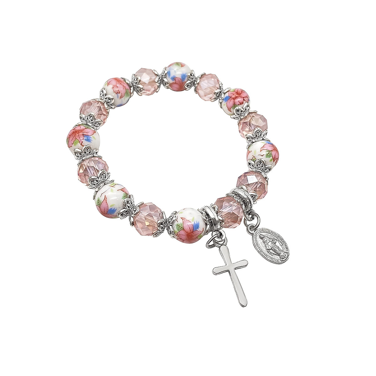 Nazareth Store Religious Cross Bracelet Pink Crystal Beaded Stretch Rosary Bracelet with Ceramic Flowers Beads Bangle Crucifix & Miraculous Medal Charm