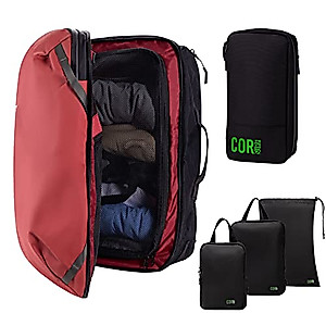 COR Surf Carry On Travel Backpack Bundle | Island Hopper Travel Backpack with Toiletry Bag and Compression Packing Cube Set (38L, Red)