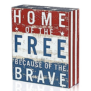 Labor Day Decor Independence Day Patriotic Box Sign 5 x 6 Inch Wood American Flag Patriotic Decor Home of the Free Because of the Brave 4th of July Farmhouse Rustic Wooden Block Tiered Tray Decoration