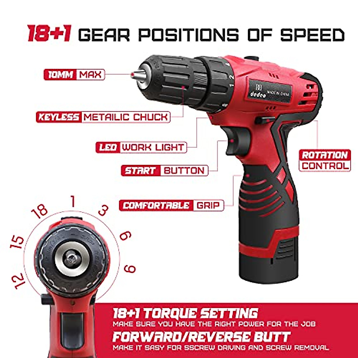 Dedeo Tool Set with Drill, 16.8V Cordless Hammer Drill Tool Kit, Cordless Drill/Driver Set with 3/8 Inch Keyless Chuck, 2PCS Battery and Charger for Home Tool Kit