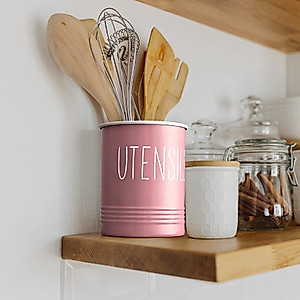 Bivvclaz Kitchen Utensil Holder - 6.7" Utensil Holder for Kitchen Counter - Cooking Utensil Crock with Cork Bottom - Pink Kitchen Decor and Accessories - Utensil Storage Caddy Organizer