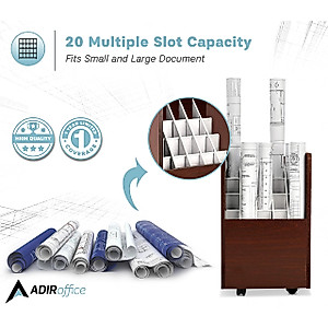 Adir Mobile Blueprint Roll File Holder - Mobile Roll File Organizer Cart for Home Office or School. 20 Slots Blueprint File Holder with Wheels for Maps, Plans, Posters