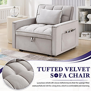 Sleeper Sofa Chair Bed, Convertible Velvet Single Pull Out Sofa Chair, Modern Tufted Living Room Reading Chair with Adjustable Backrest/Pillow for Small Spaces, Apartment, Office, Grey