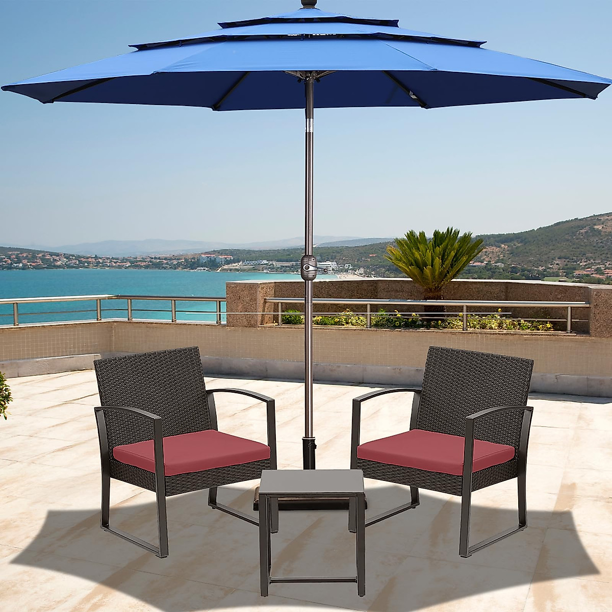 BPS 3 Pieces Patio Furniture Set, Outdoor Rattan Wicker Chairs with Table, 3 Pcs Sofa Set with Cushion, Conversation Furniture for Garden Poolside