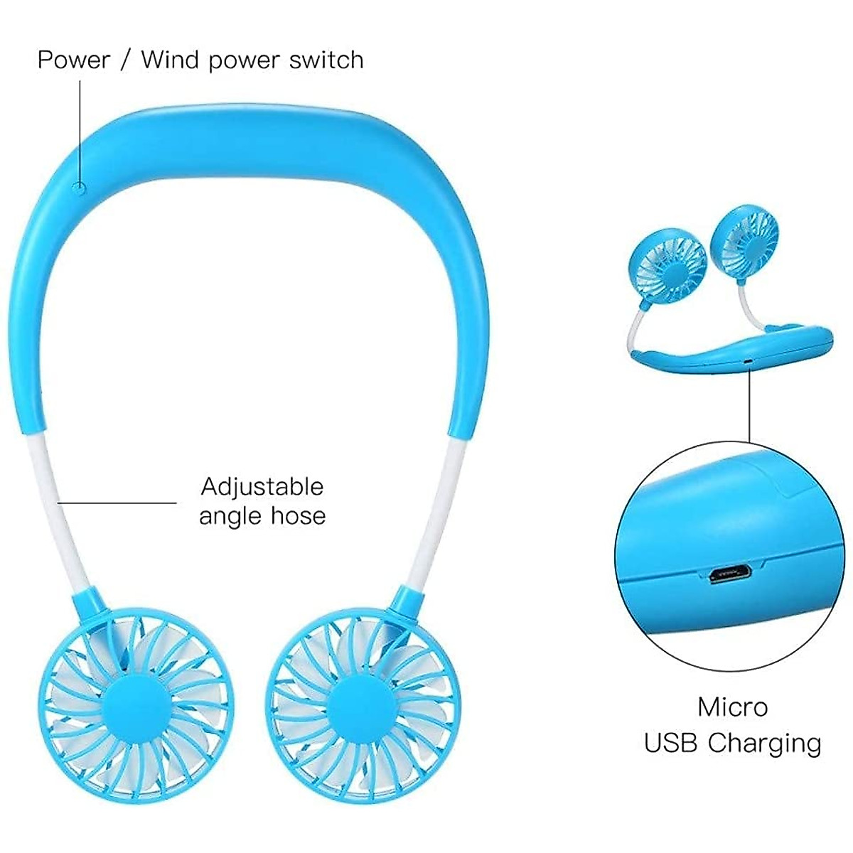 Hands Free Portable Neck Fan - Portable USB Battery Rechargeable Mini Fan with 3 Speeds Modes- Cooler Fan with Dual Wind Head for Home Office Travel Indoor Outdoor (Blue)