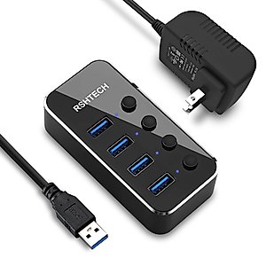 Powered USB Hub, RSHTECH 4 Port USB 3.0 Hub Splitter Portable Aluminum USB Data Hub Expander with Individual On/Off Switch and Universal 5V AC Adapter, 3.3ft USB 3.0 Cable (RSH-516)