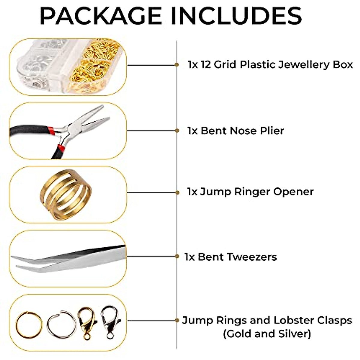 Anzlah Open Jump Rings and Lobster Clasps Jewelry Fixing Kit (1200 pcs Gold and Silver) with a Bent Nose Jump Ring Pliers, Tweezers, and a Jump Ring Opener (O Rings for Jewelry Making)
