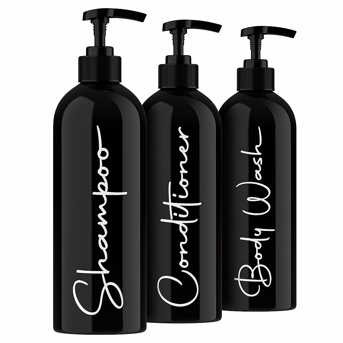 Alora Reusable Shampoo and Conditioner Bottles - Set of 3 - Matte Black - Permanent Stylish Labels - 16oz Pump Bottle Dispenser for Shampoo, Conditioner, Body Wash - Plastic Refillable Containers…