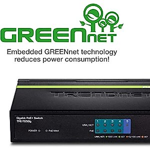 TRENDnet 5-Port Gigabit PoE+ Switch, 31 W PoE Budget, 10 Gbps Switching Capacity, Data & Power Through Ethernet to PoE Access Points and IP Cameras, Full & Half Duplex, Black, TPE-TG50g