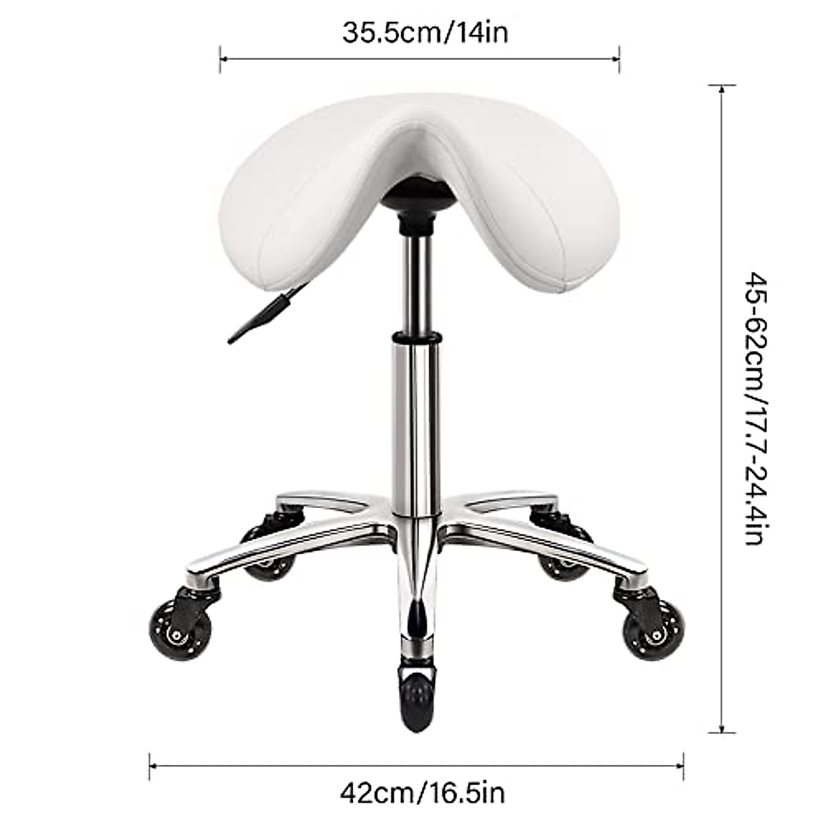 WKWKER Heavy Duty Saddle Rolling Stool with Wheels Hydraulic Swivel Adjustable Rolling Stool Ergonomic Thick Leather Seat Stool Chair for Kitchen Drafting Lab Office Salon Message Stool – White