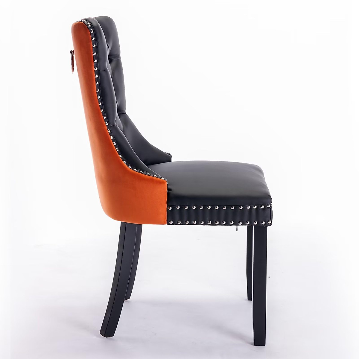 PU Leather Dining Chairs Set of 2, Upholstered Tufted Dining Room Chairs with Nailhead Trim, Ring Pull and Solid Wood Legs, Luxury Wingback Dining Chairs for Living Room Kitchen, Black+Orange