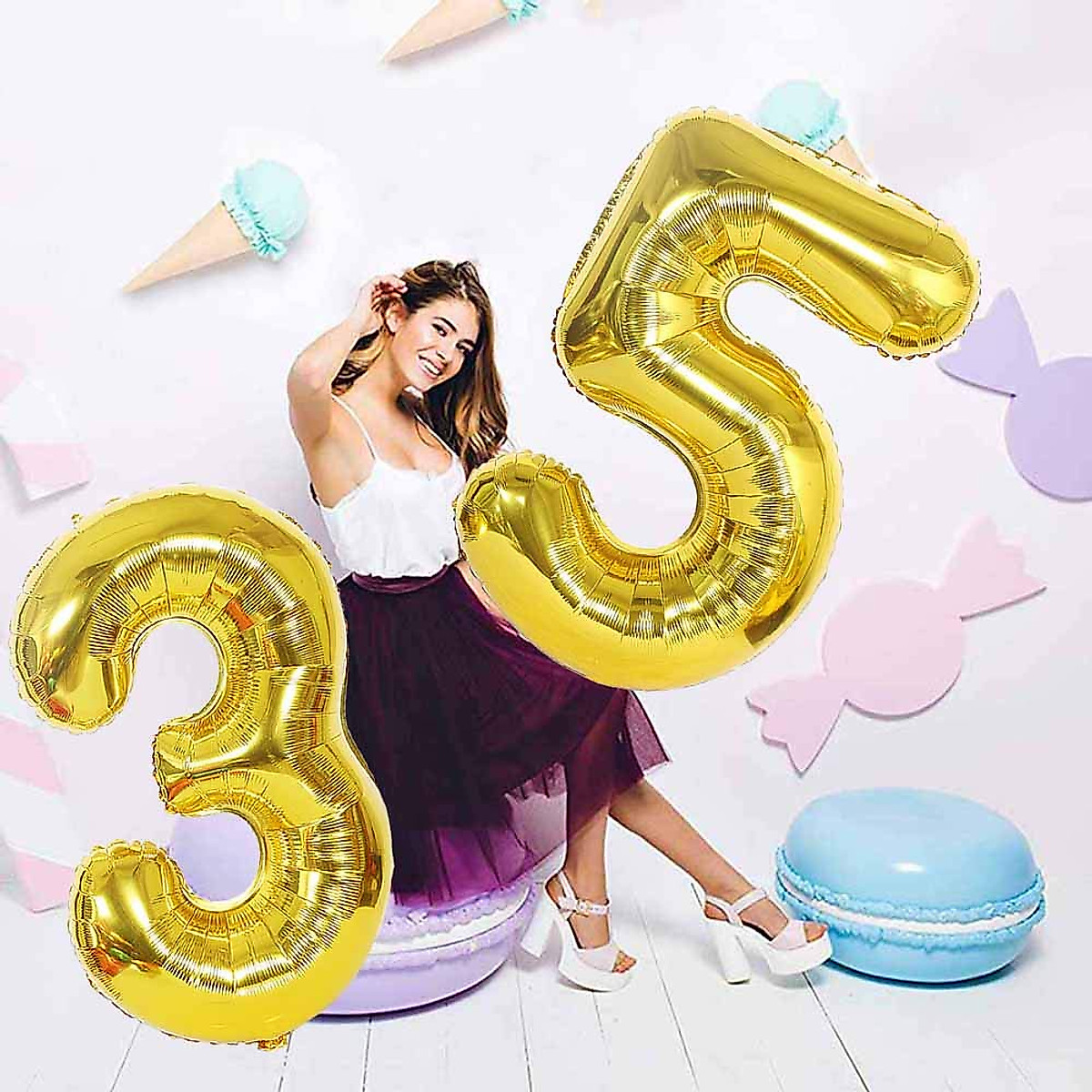 Ceqiny 40 Inch 35th Number Balloon Mylar Balloon Giant Balloon Alphabet Foil Balloon for Birthday Party Wedding Bridal Shower Engagement Photo Shoot Anniversary Decoration, Gold Digit 35 Balloon