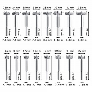 Forstner Drill Bit Set 16pcs 15-35mm Punching Bit Wood Slabs Flat Wing Drilling Hole Hinge Cemented Carbide Drilling Counterbore Flat Bit Drill Set Woodworking Hole Saw Wood Cutter Tool (16pcs)