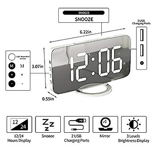WulaWindy Digital Alarm Clock, Large Mirrored LED Display, with USB Charger, Snooze Function Dim Mode Wall Hanging Beside Desk Clock for Bedroom (White)