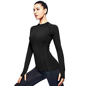 Athletic Tops for Women Long Sleeve Mock Neck Running Shirt with Thumb Holes Dry Fit(Black,XL)