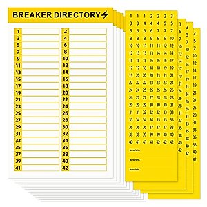 16 Sheets Breaker Panel Labels Electrical Box Sticker Numbers Breaker Panel Labels Electrical Sticker Number Catalog Load Center Adhesive Waterproof Reusable（Yellow）