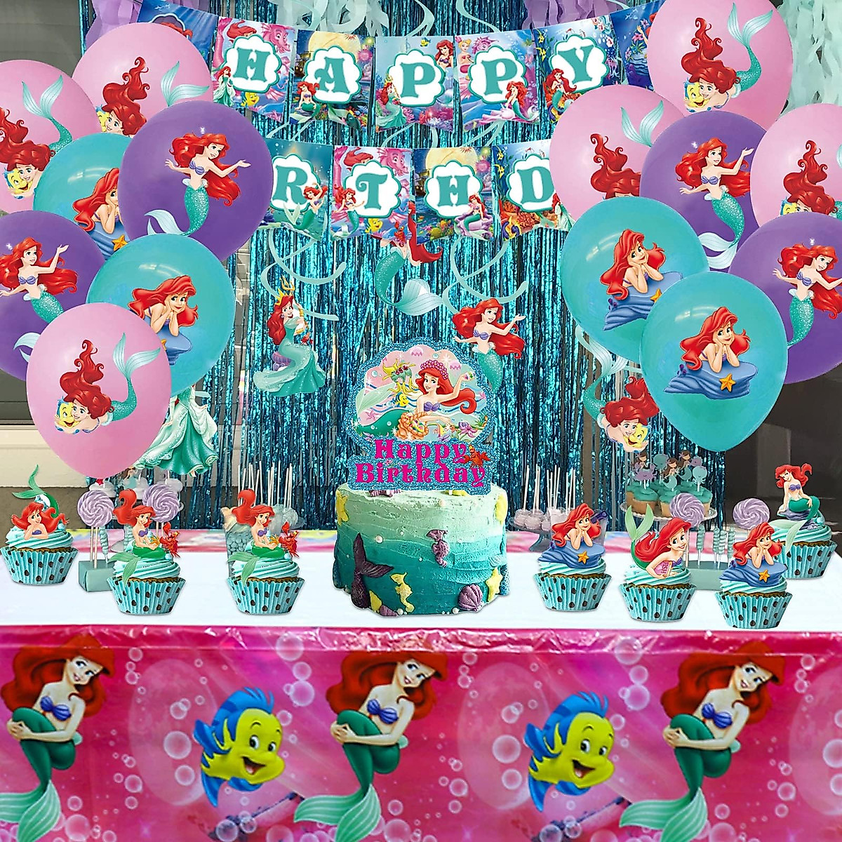 Ariel Birthday Party Supplies, Party Decorations Set Include Banner, Tablecloth, Balloons, Hanging Swirls, Cake Cupcake Toppers for Girls Little Mermaid Party Decorations