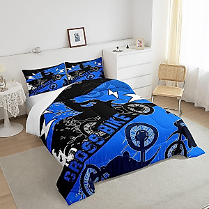 Erosebridal Boys Dirt Bike Bedding Sets Twin Motocross Comforter Set Dirtbike Room Decor for Boys Kids Girls Adult,Rider Motorcycle Bed Set Cool Extreme Sports Comforter Sets 2Pcs,Blue Black