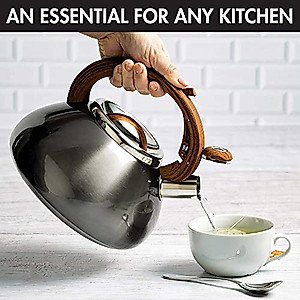 Primula Avalon Whistling Stovetop Tea Kettle, Food Grade Stainless Steel Wide Mouth, Fast to Boil, Cool Touch Handle, 2.5-Quart, Gunmetal Grey and Wood-Look