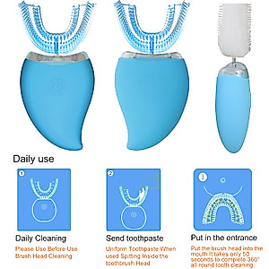 BESUNTEK 360°Ultrasonic Electric Toothbrush Sonic Toothbrush for Adults,Waterproof Washable and Reusable Sonic Automatic Toothbrush with U-Shaped Silicone Toothbrush Head (Blue)